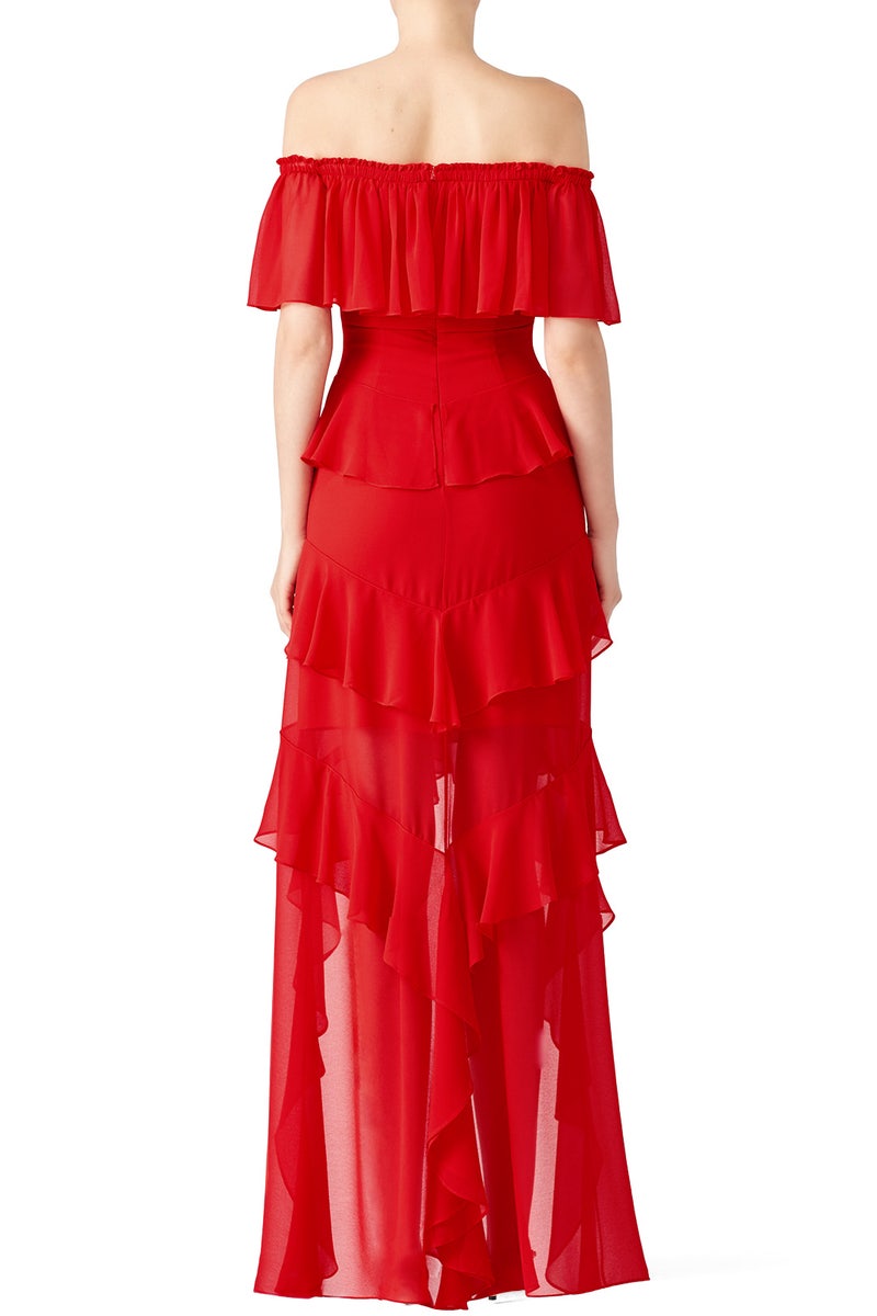 Red Off Shoulder Ruffle Gown by Badgley Mischka | Rent the Runway