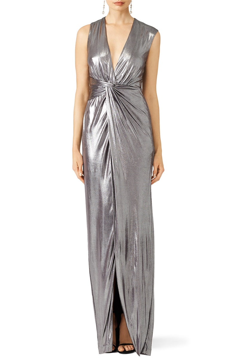 Silver Twist Column Gown by HALSTON | Rent the Runway